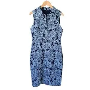 Badgley Mischka | Dresses | Badgley Mischka Blue Floral Jacquard Sheath ...